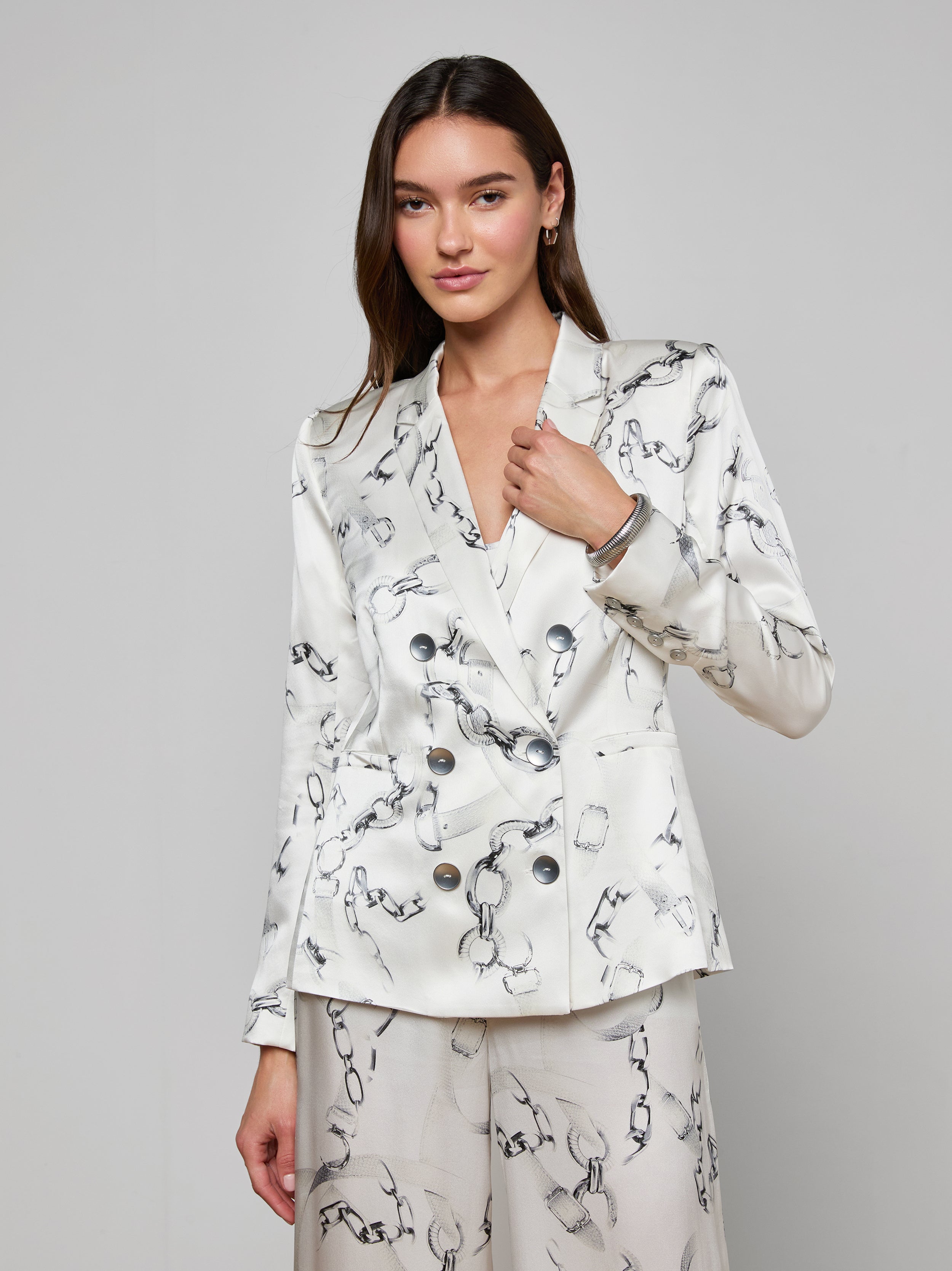 Colin Silk Blazer in Ivory/Grey Medium Faded Chain | L'AGENCE
