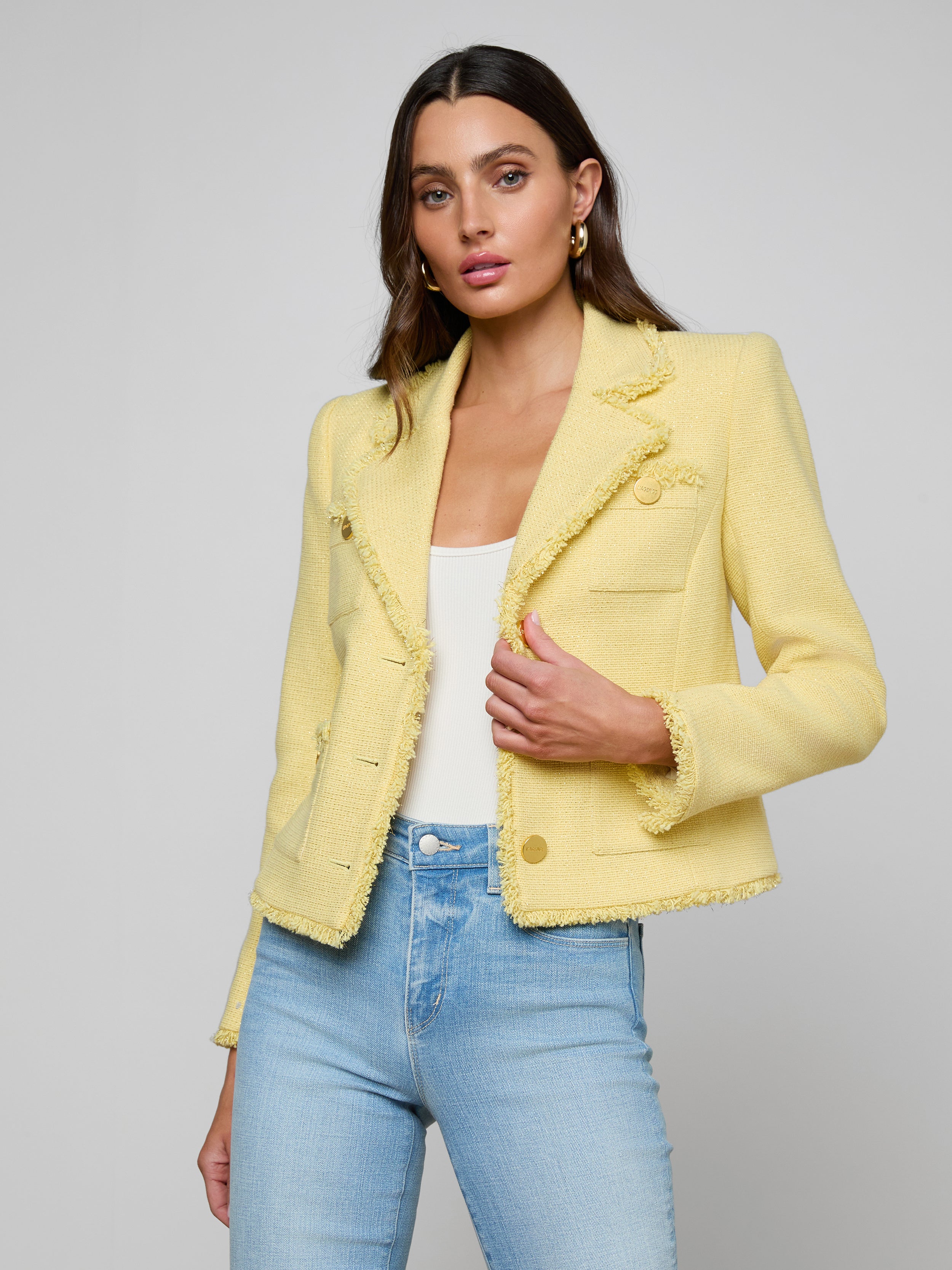 Sylvia Tweed Jacket in Pale Yellow/Light Gold | L'AGENCE