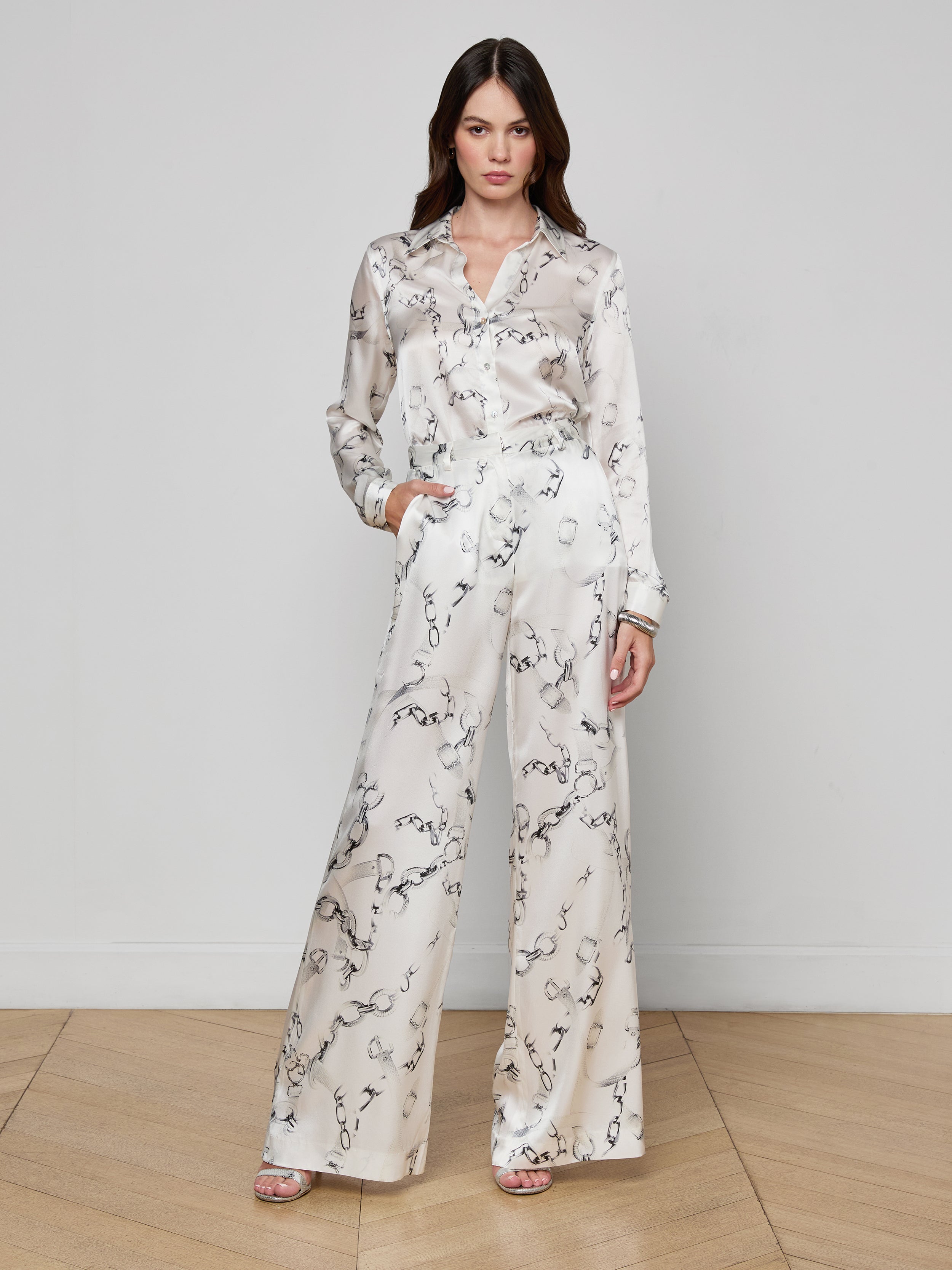 Gavin Wide Leg Pant in Ivory/Grey Medium Faded Chain | L'AGENCE