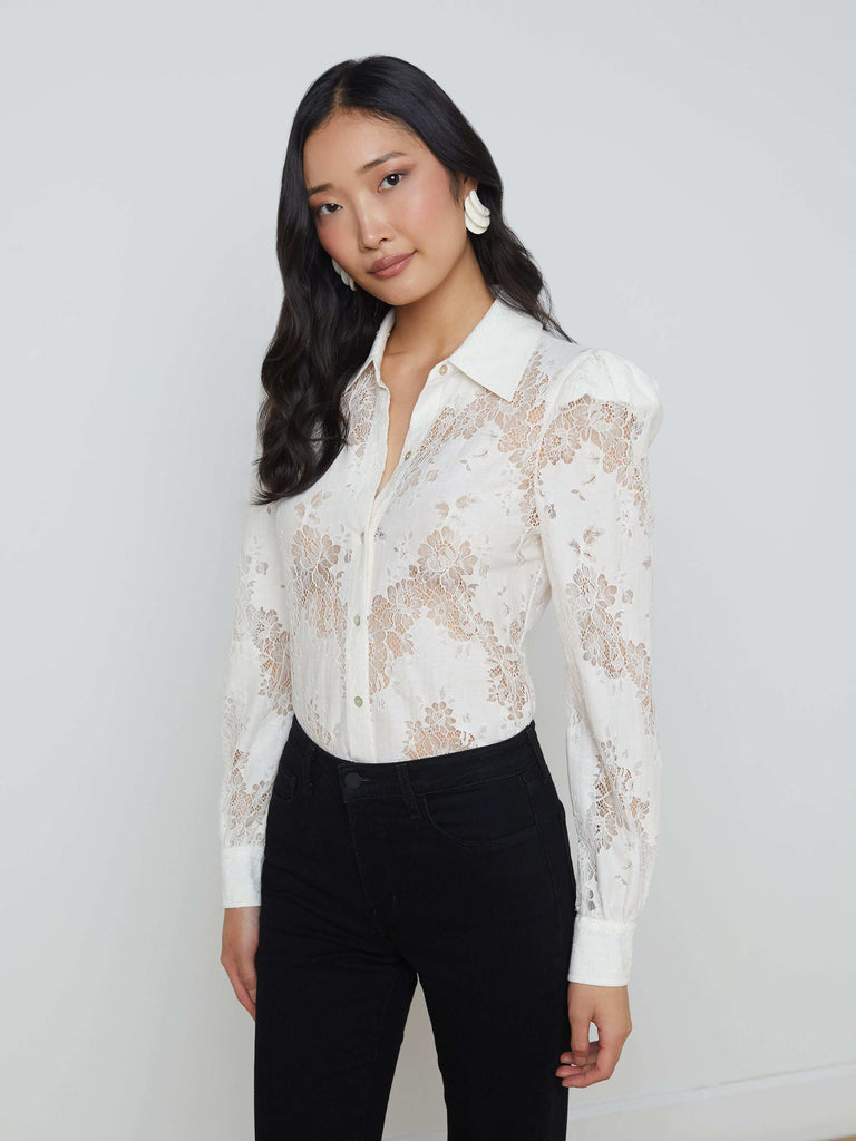 L'AGENCE - Jenica Long-Sleeve Lace Button-Down Blouse in Ivory
