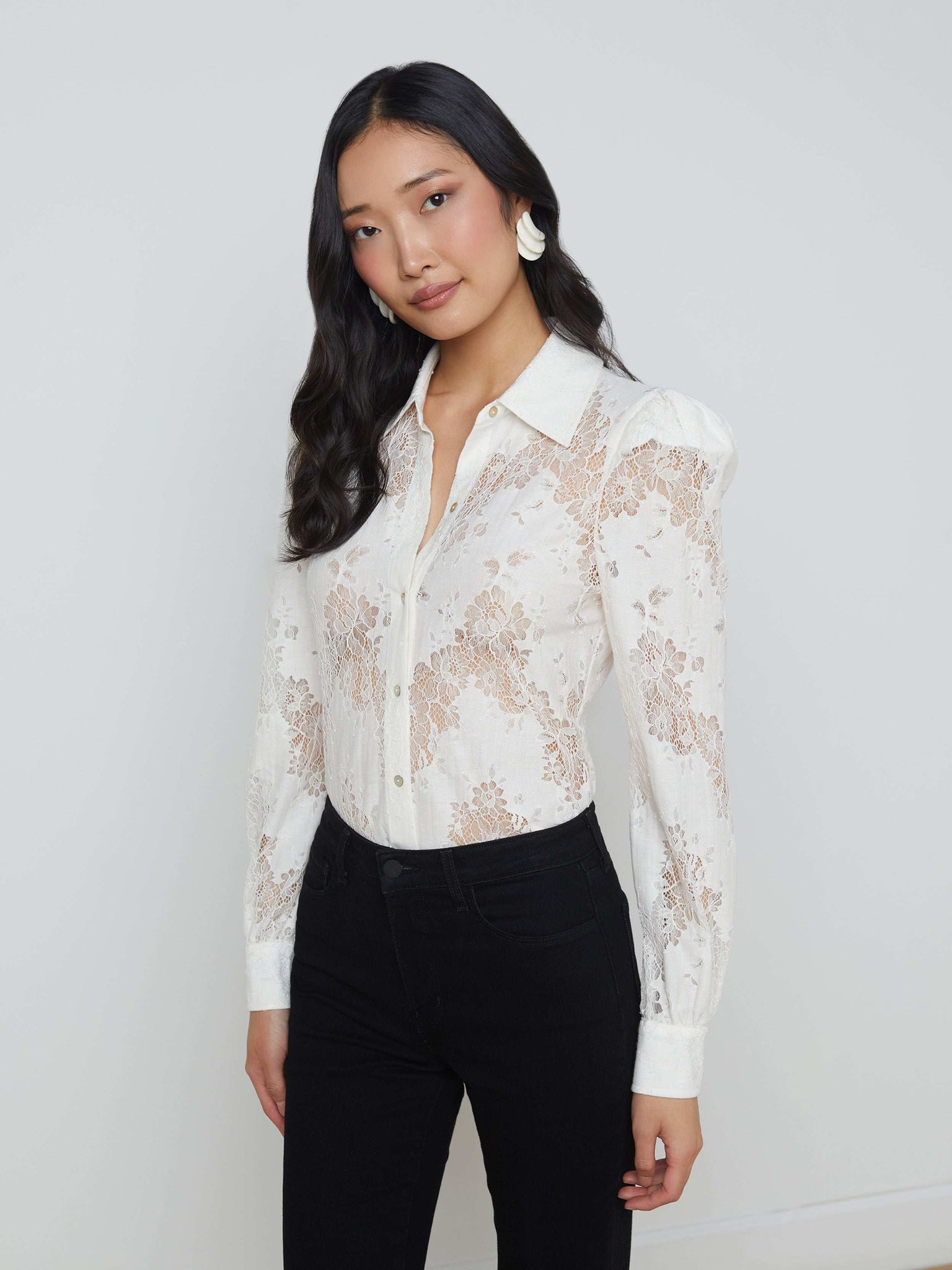 L'AGENCE - Jenica Long-Sleeve Lace Button-Down Blouse in Ivory