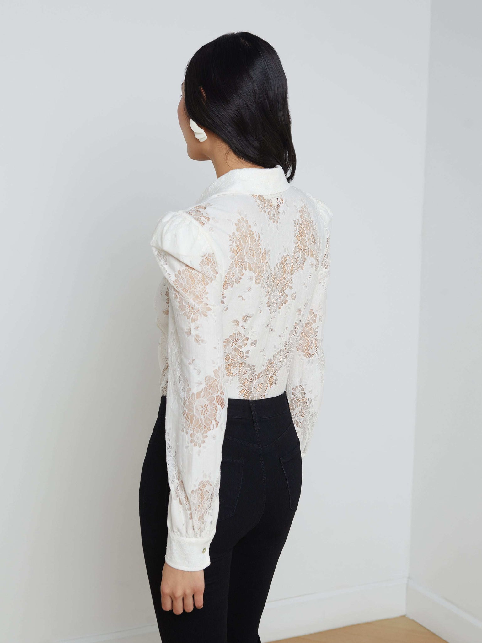 L'AGENCE - Jenica Long-Sleeve Lace Button-Down Blouse in Ivory