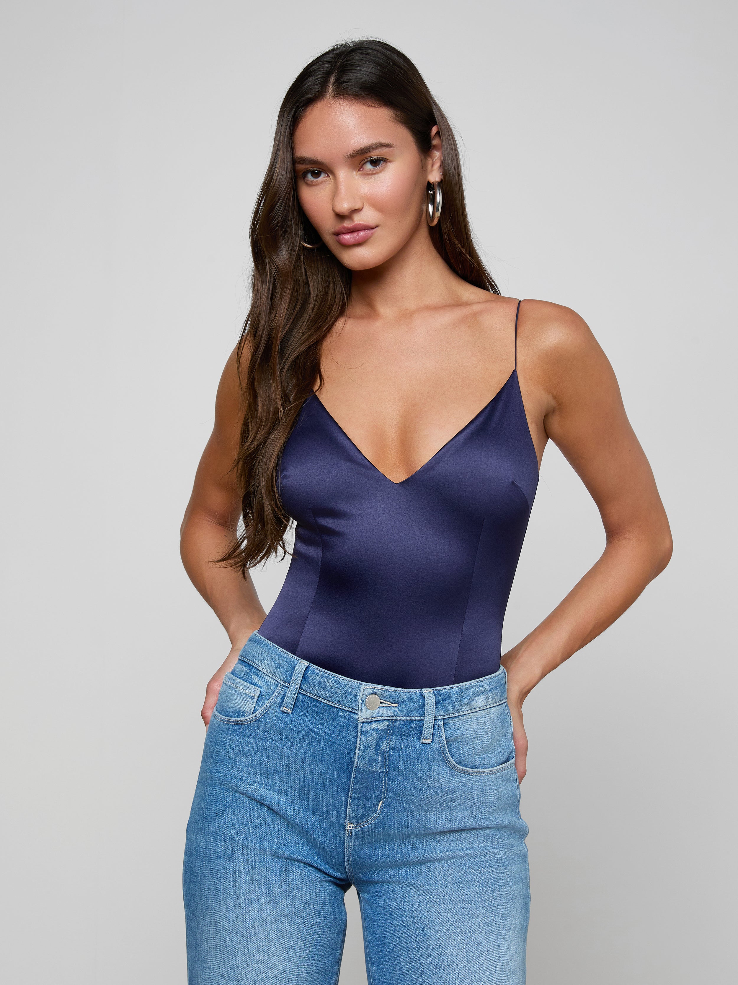 Dara Stretch-Satin Bodysuit in Midnight | L'AGENCE