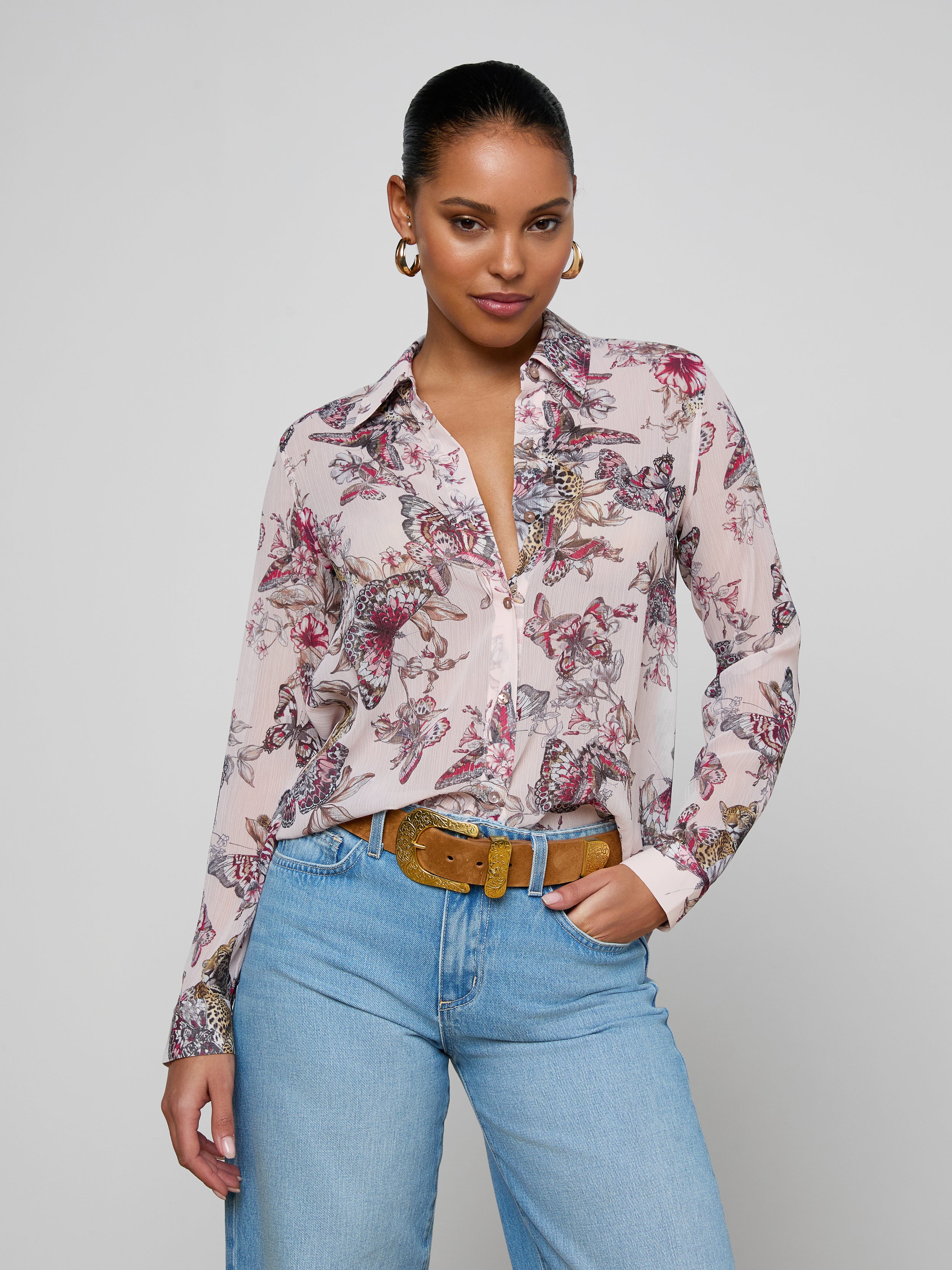 Laurent Blouse in Light Nectar Pink Small Multi Butterfly Jungle | L'AGENCE