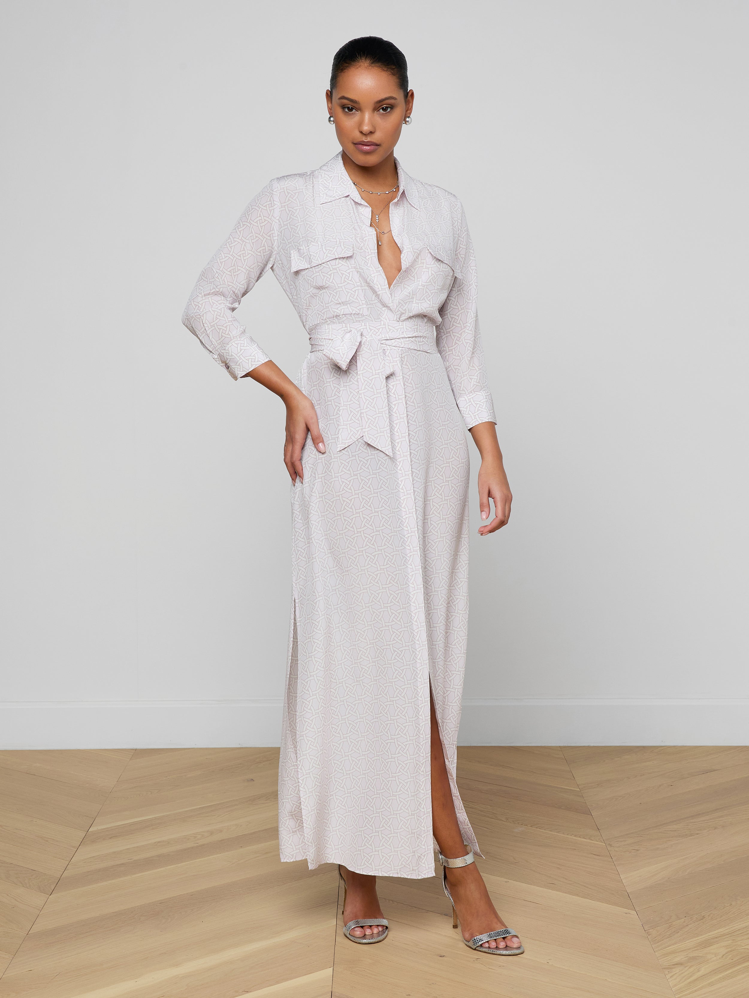 Cameron Silk Shirt Dress in Icy Lilac Linked Geo | L'AGENCE